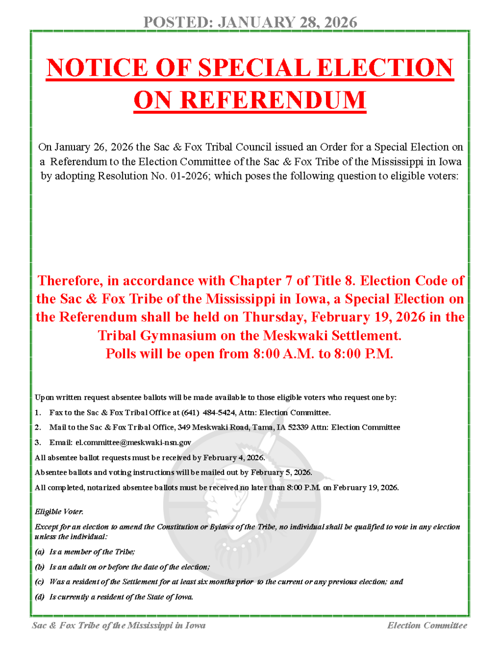 Special Election On Referendum TODAY (2/19) | Meskwaki Nation